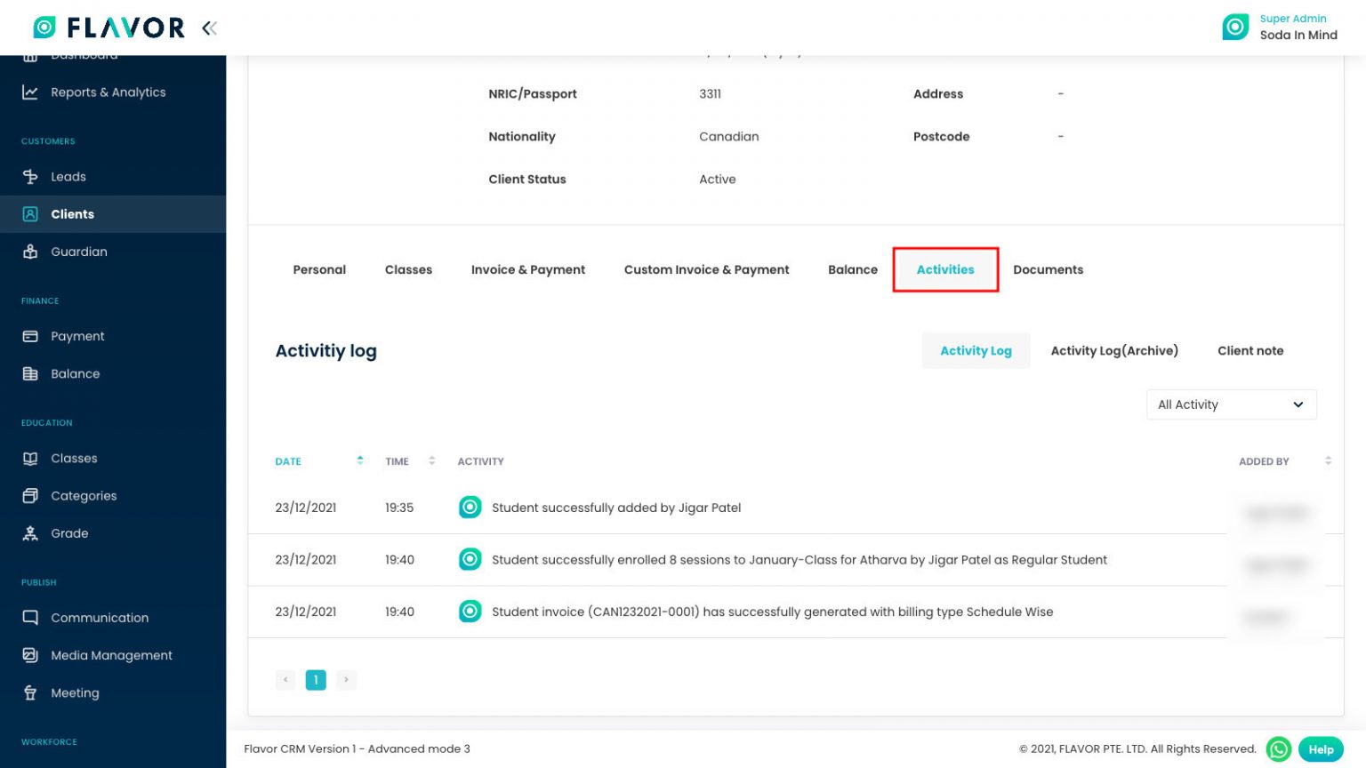 How to see activity log of client? - Flavor