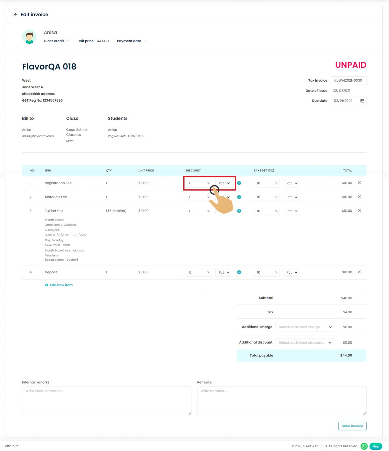 How to add a percentage discount on the item of invoice - Flavor