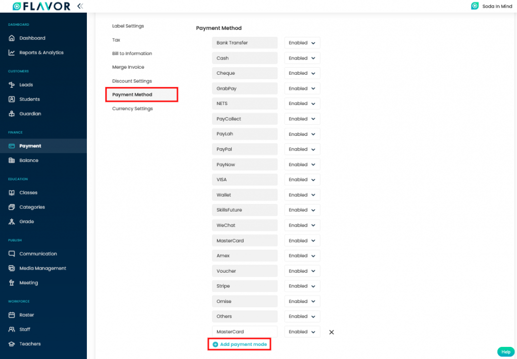 How to do payment setting for class invoice? - Flavor