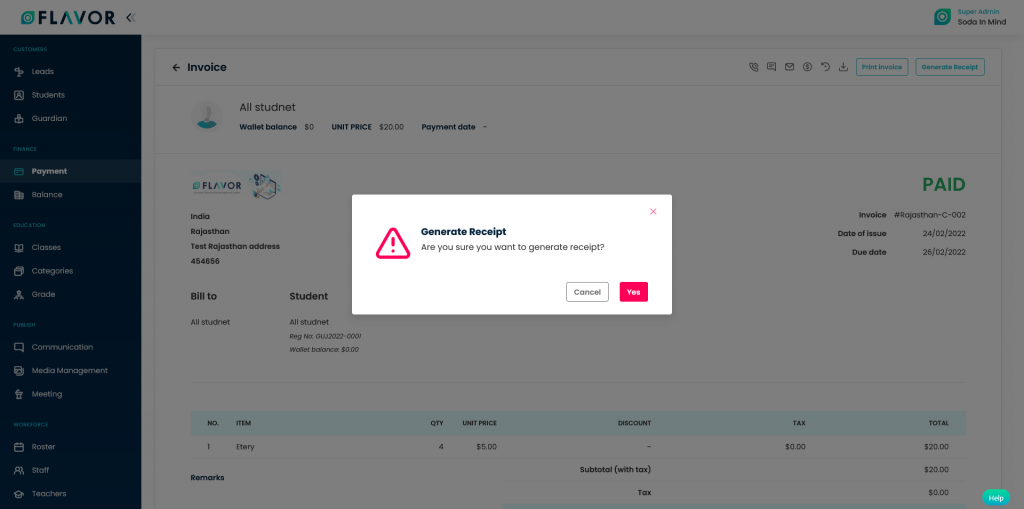 How to generate receipt for zero amount invoice? - Flavor