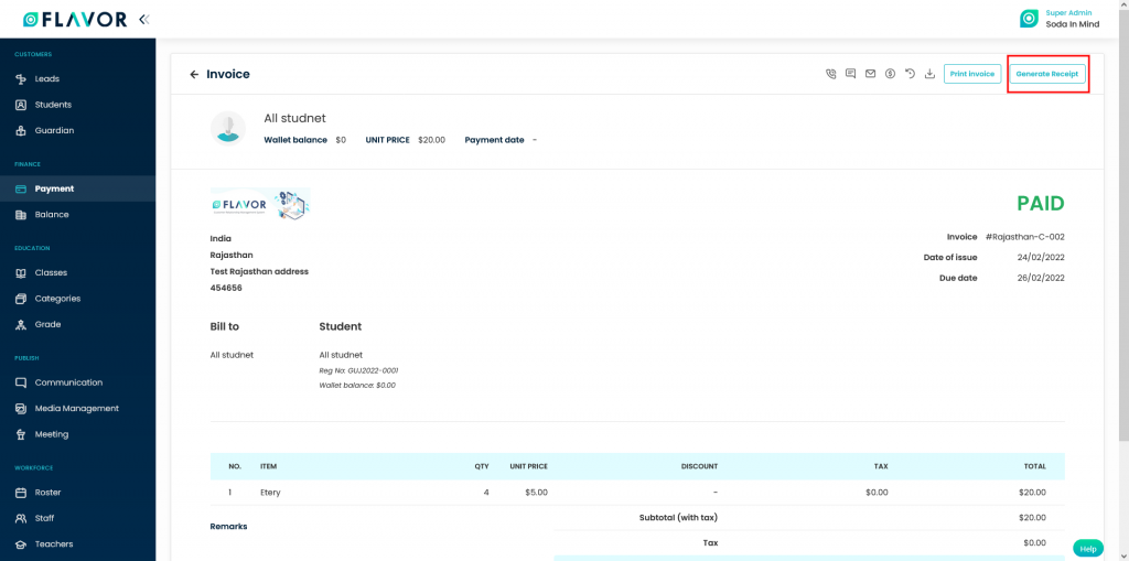 How to generate receipt for zero amount invoice? - Flavor