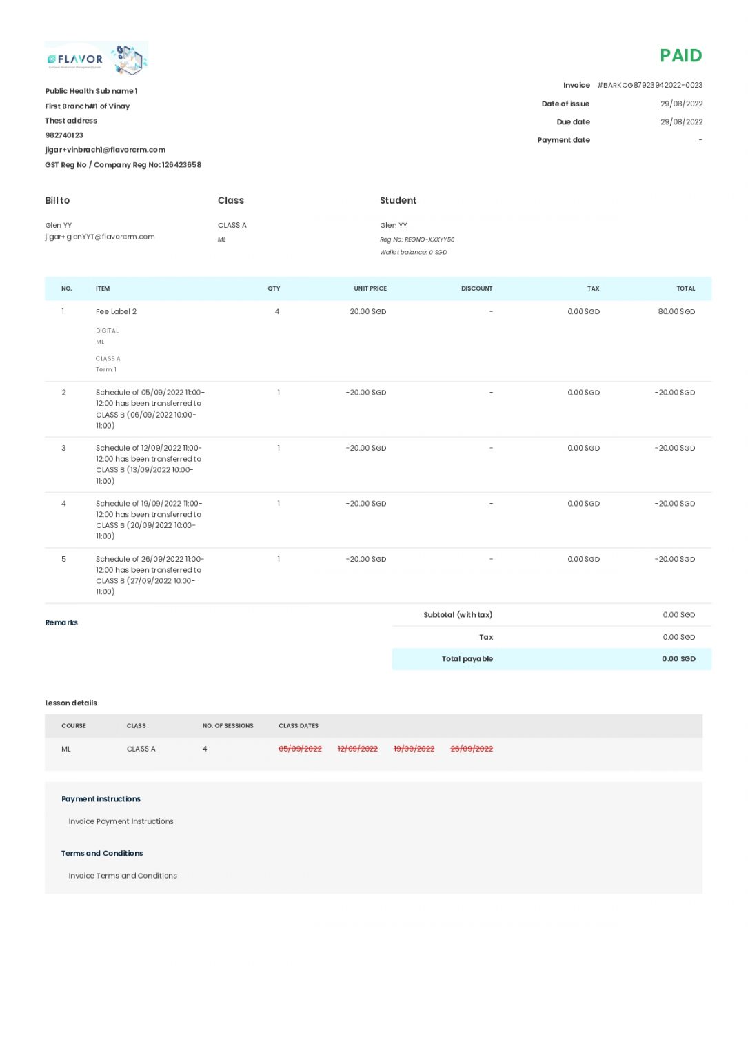 How invoice changes when a student gets transferred from one class to ...