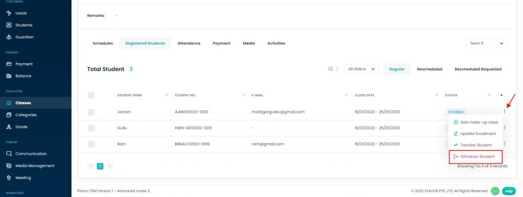 How to withdraw a student from a term/monthly based class in bulk? - Flavor