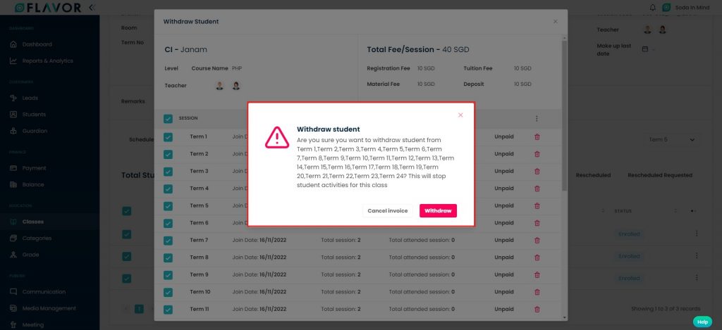 How to withdraw a student from a term/monthly based class in bulk? - Flavor